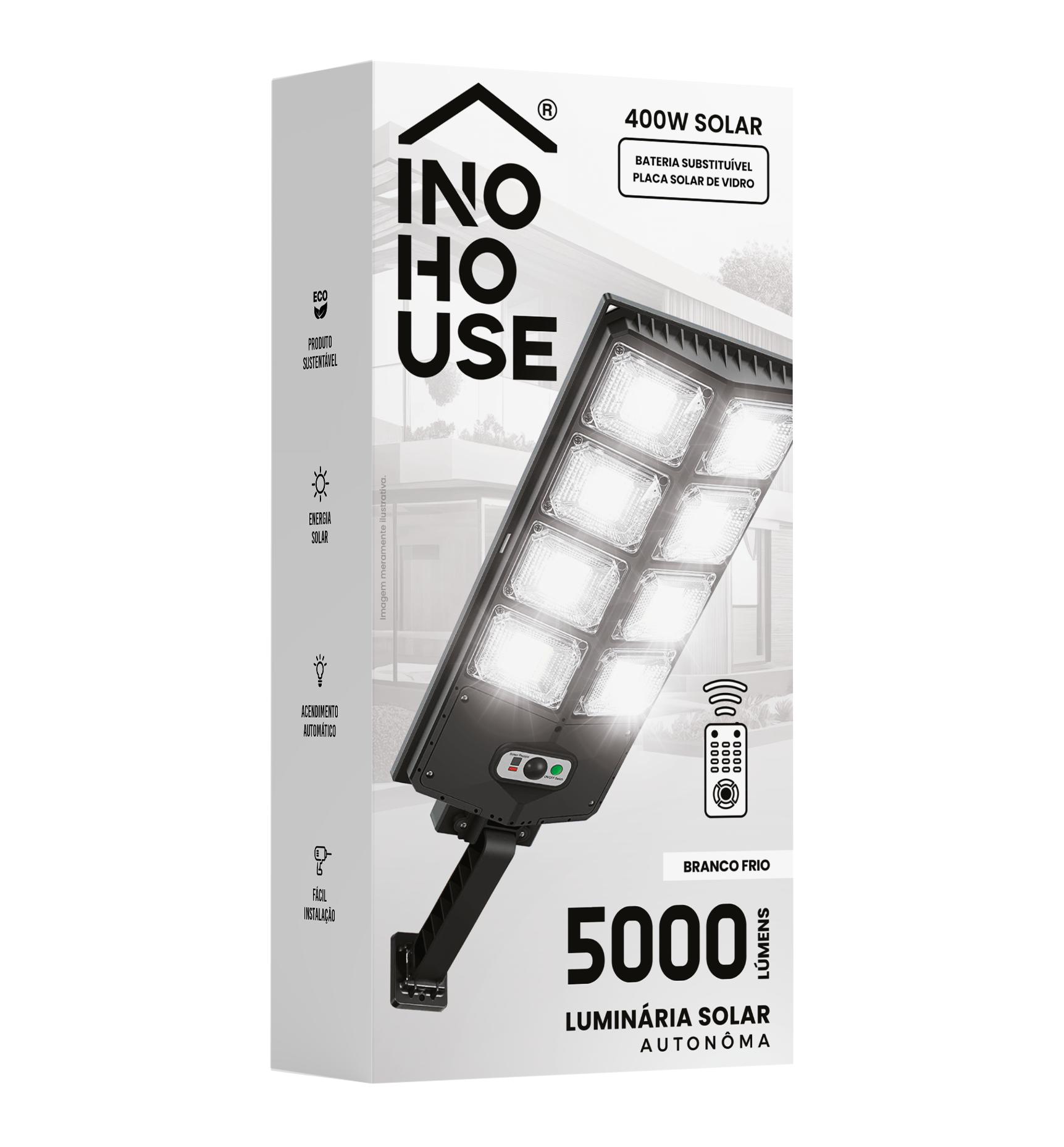 Luminaria Holofote Solar 400w Poste 5000 Lumens IP65 Preta - Inohouse